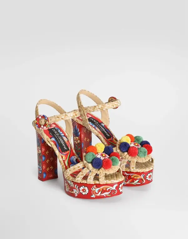 Dolce & Gabbana Embroidered Raffia Platform Sandals