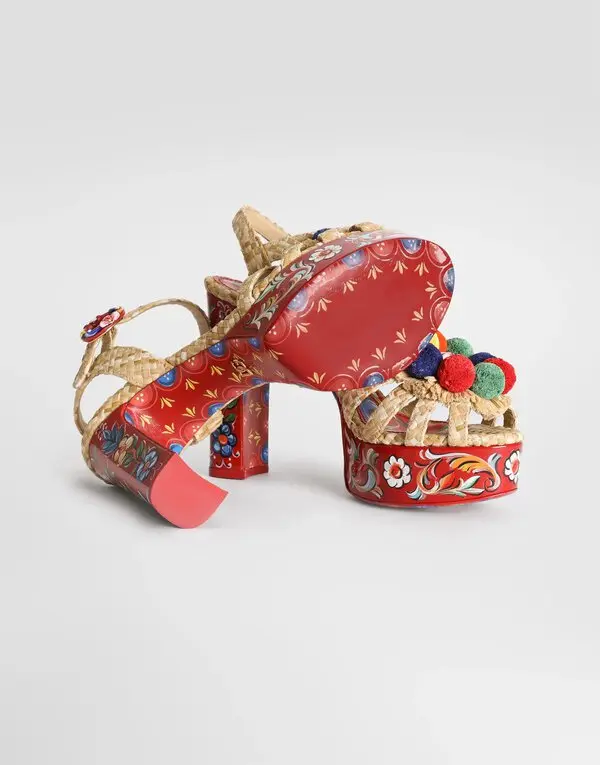 Dolce & Gabbana Embroidered Raffia Platform Sandals