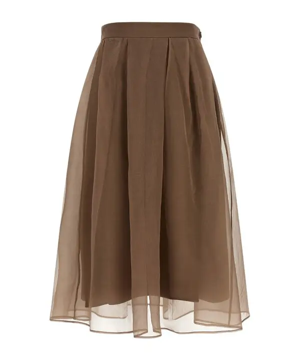 Brunello Cucinelli Circle Pleated Silk Midi Skirt - Green