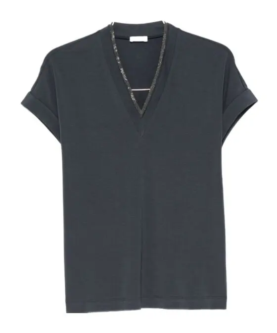 Brunello Cucinelli Monili Trim V-neck T-shirt - Black