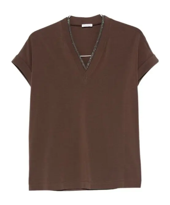 Brunello Cucinelli Monili-trim V-neck T-shirt - Brown