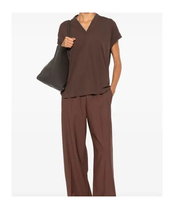 Brunello Cucinelli Monili Trim V-neck T-shirt - Brown