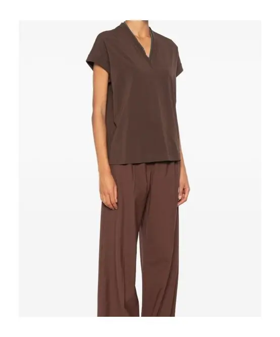 Brunello Cucinelli Monili Trim V-neck T-shirt - Brown
