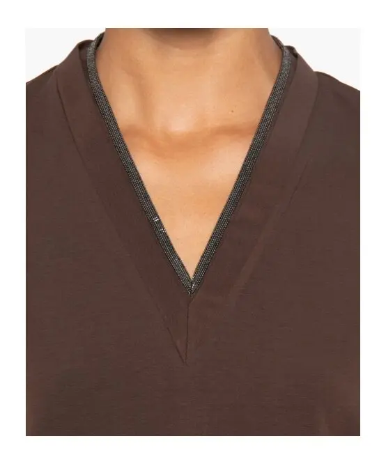 Brunello Cucinelli Monili Trim V-neck T-shirt - Brown