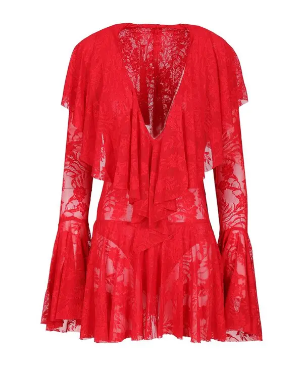 Norma Kamali Long Sleeve Deep V Ruffle Mini Dress - Tiger Red