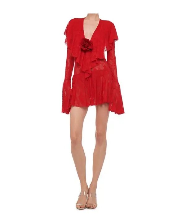 Norma Kamali V-neck Ruffled Lace Mini Dress