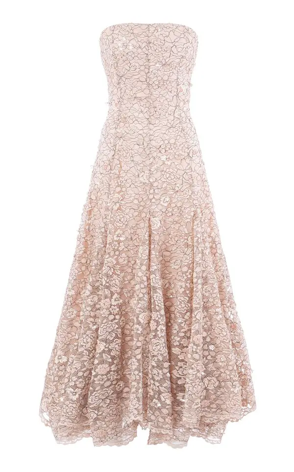 LA FUORI Strapless Lace Midi Dress - Pink
