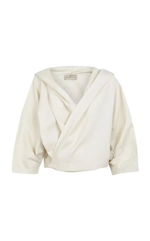 CORTANA Noa Linen-cotton Cropped Wrap Jacket With Hood