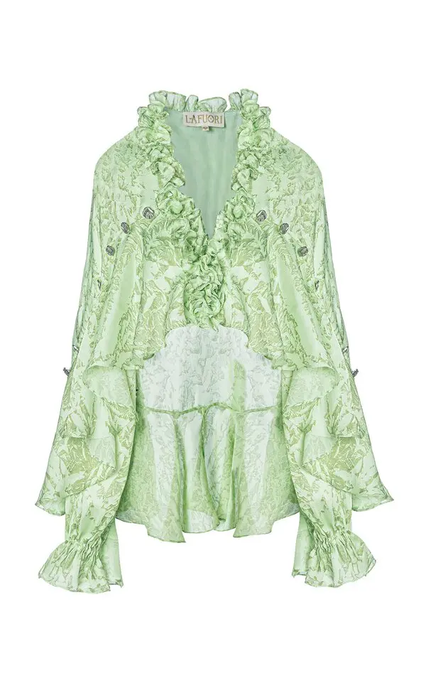LA FUORI Mistleaf Ruffled Printed Satin Cape Top - Green
