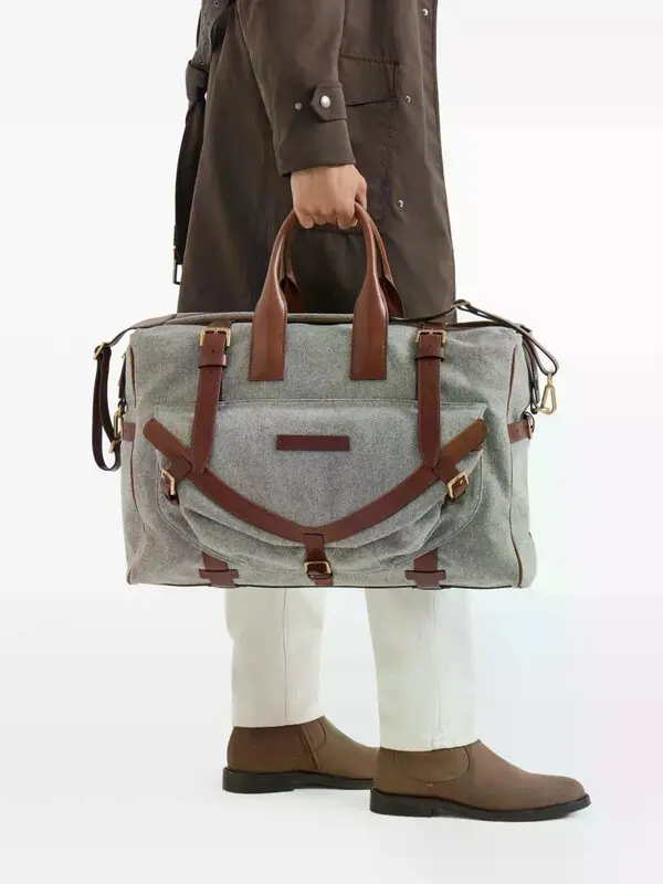 Brunello Cucinelli Virgin Wool, Alpaca And Cashmere Flannel Field Bag With Grained Calfskin Inserts - Grey