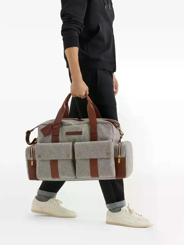 Brunello Cucinelli Virgin Wool, Alpaca, And Cashmere Flannel Leisure Bag With Grained Calfskin Inserts - Grey