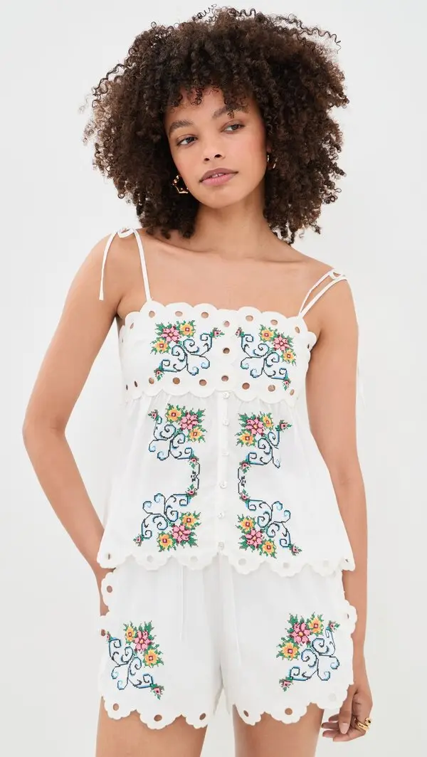 Moon River Scallop Floral Embroidered Top