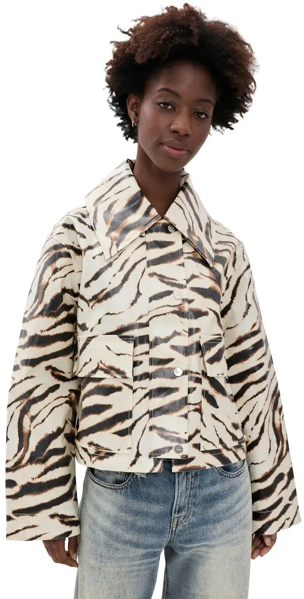 GANNI Printed Laminated Cotton Canvas Barn Jacket - Egret