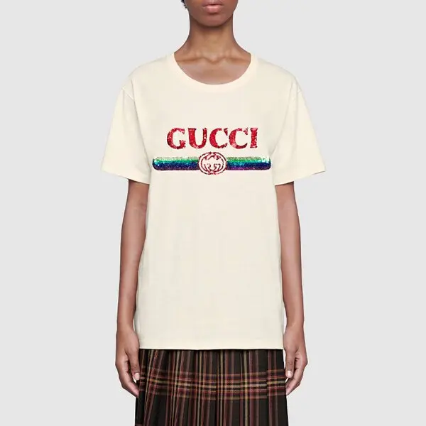 Gucci Sequined Letter Logo Oversized Short-sleeved Top - White