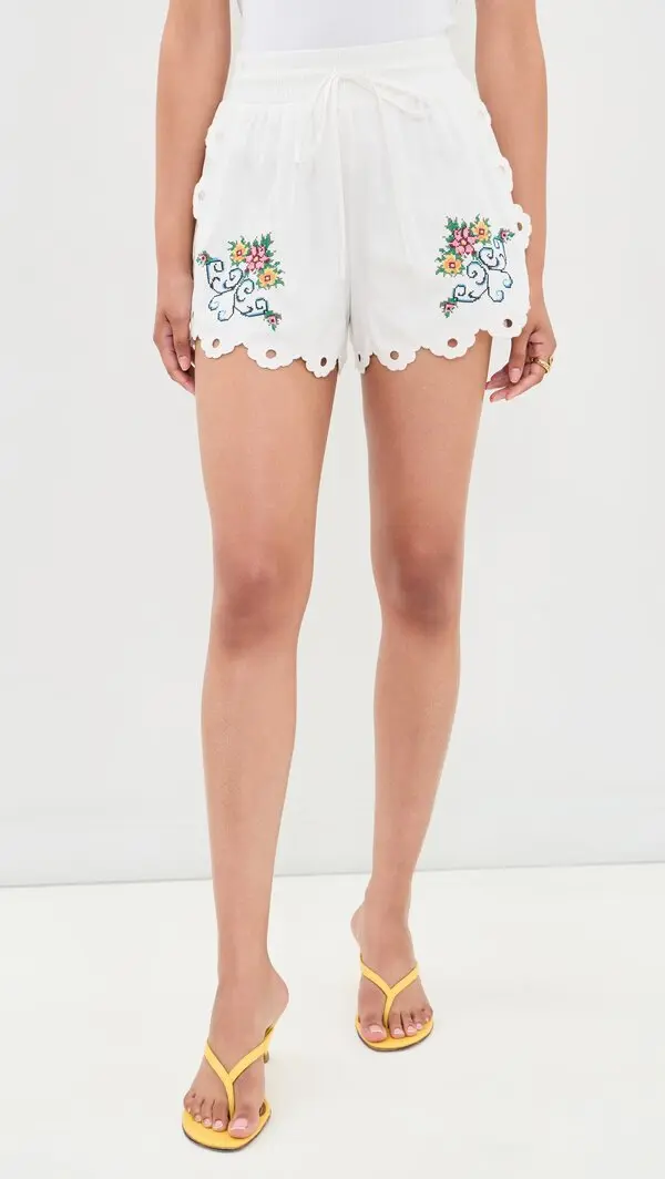 Moon River Scallop Floral Embroidered Shorts