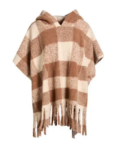 ODÌ ODÌ Checked Hooded Poncho With Fringes - Camel