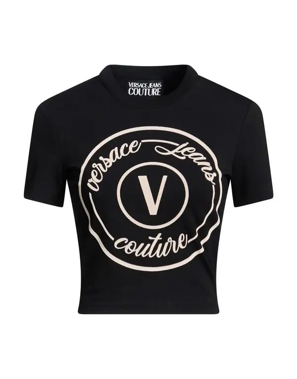 Versace Cropped Cotton T-shirt With Logo Print - Black