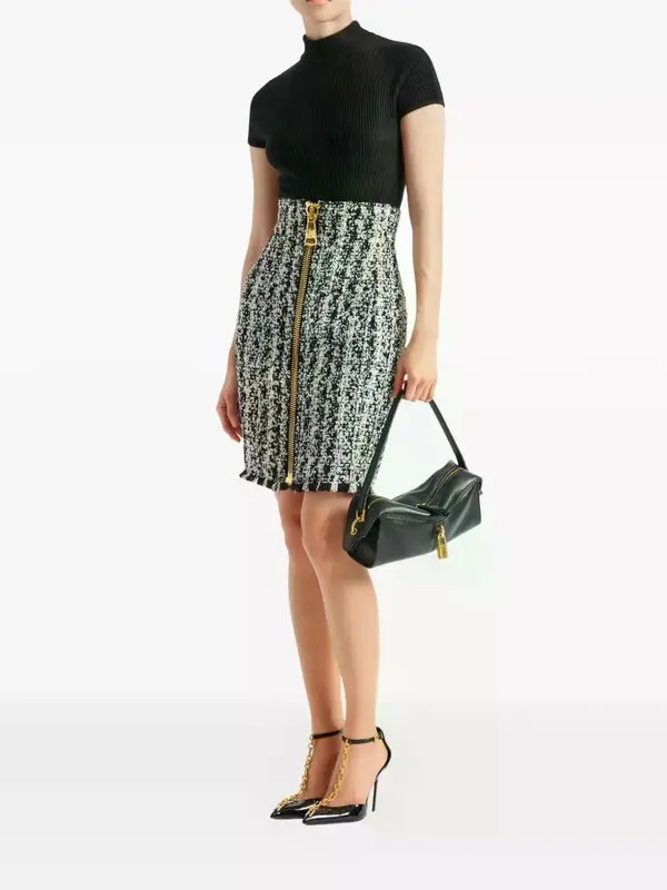 Balmain Two-tone Tweed Skirt With Gold Zip Detail - Black