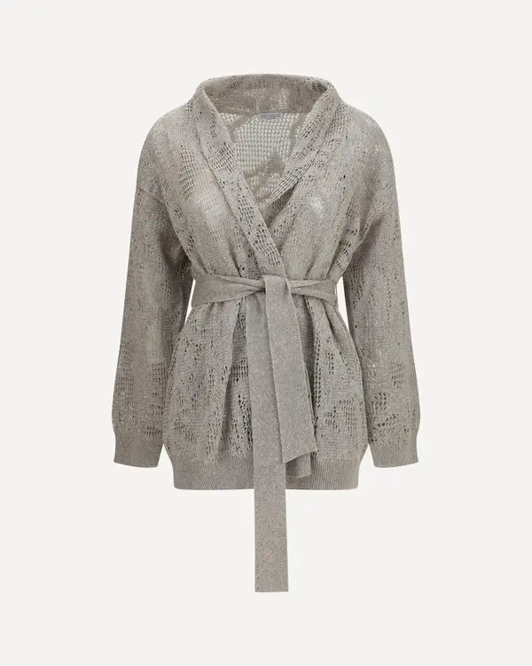 Brunello Cucinelli Cotton And Linen Open-front Cardigan With Sequins - Beige