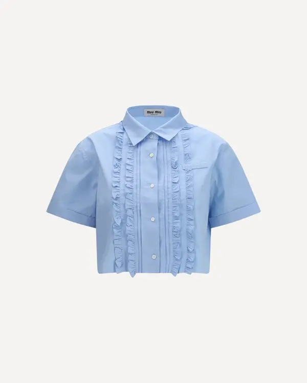 Miu Miu Cropped Poplin Shirt With Ruffle Details - Light Blue