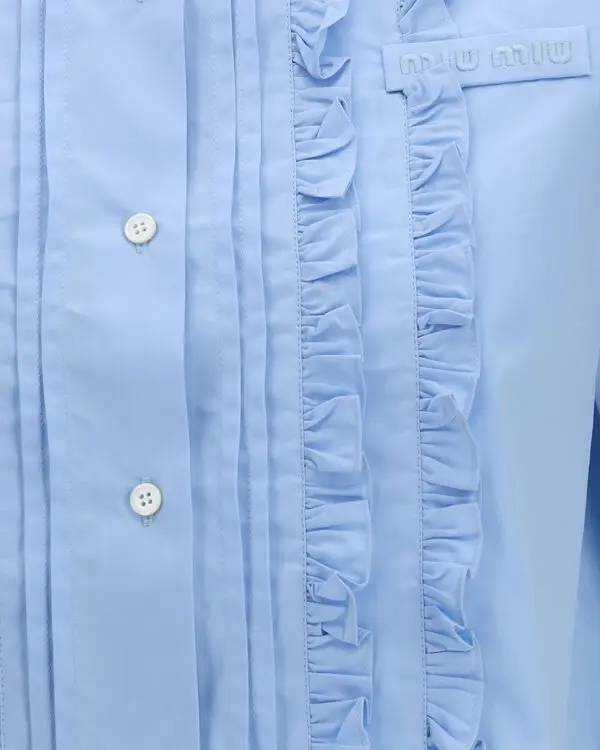 Miu Miu Cropped Poplin Shirt With Ruffle Details - Light Blue