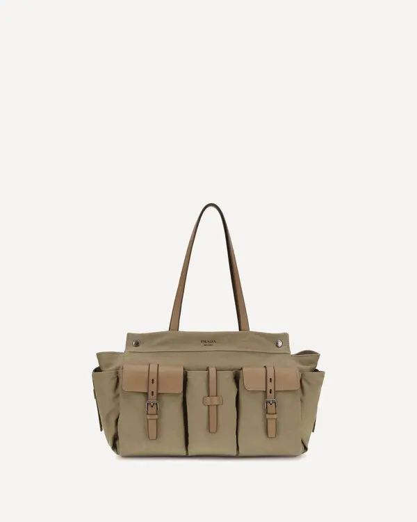 Prada Route Tote Bag In Canvas And Leather - Khaki