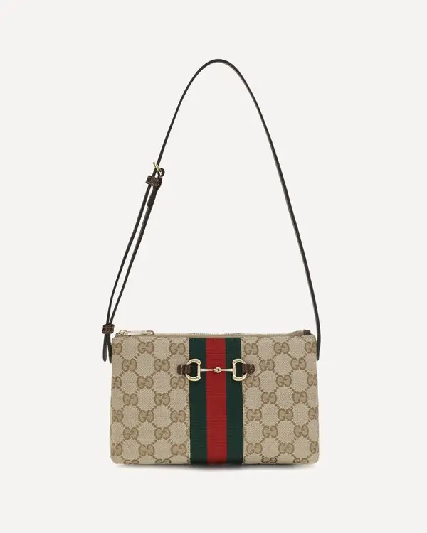 Gucci Gg Print Shoulder Bag With Horsebit Detail - Beige