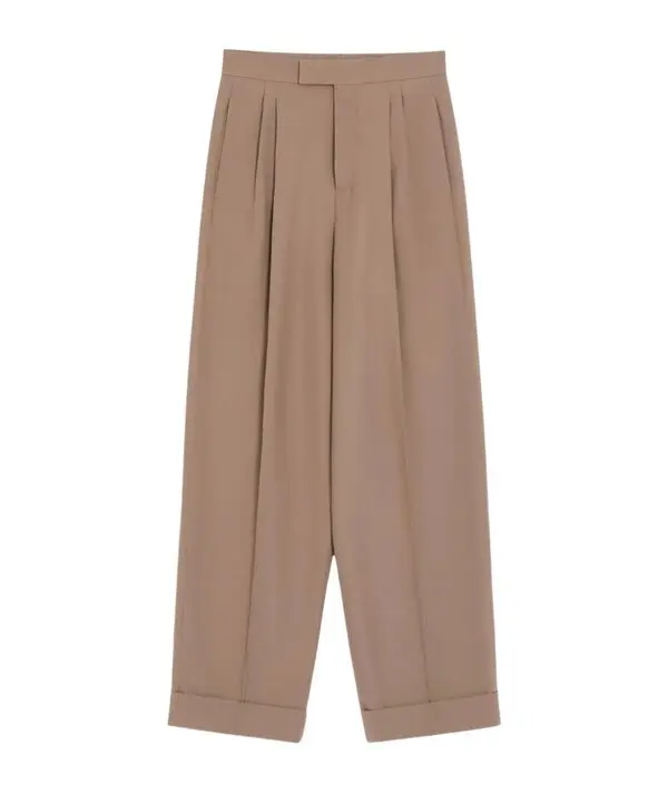 Valentino Garavani Wide Fit Cuffed Natté Wool Pants - Neutrals