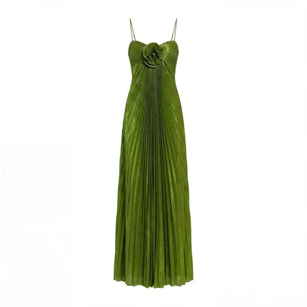 Mac Duggal Sleeveless Metallic Pleated Gown With Flower Accent - Green