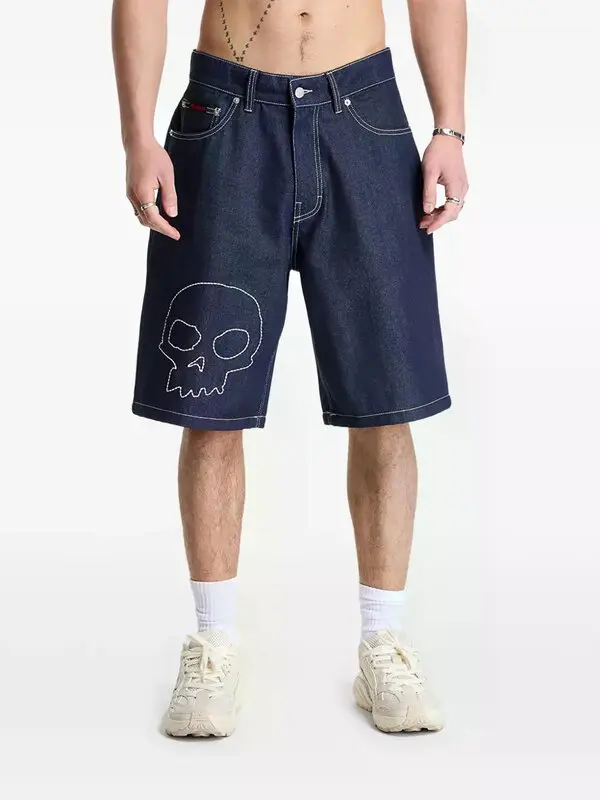 PLEASURES Skull Embroidered Denim Shorts