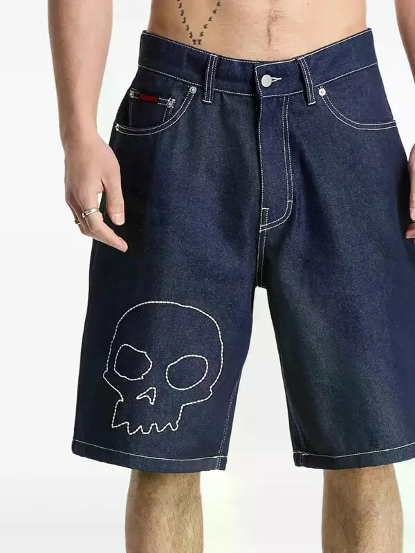 PLEASURES Skull Embroidered Denim Shorts
