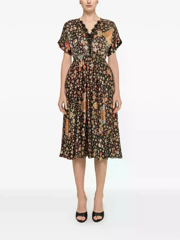 NISSA Floral Print Viscose Midi Dress - Black