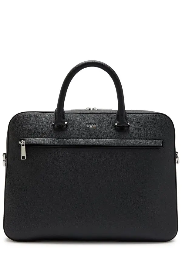 BOSS Grained Leather Briefcase With Logo Detail - Black