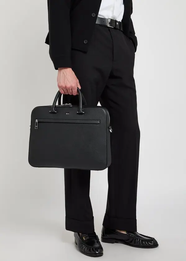 BOSS Grained Leather Briefcase With Logo Detail
