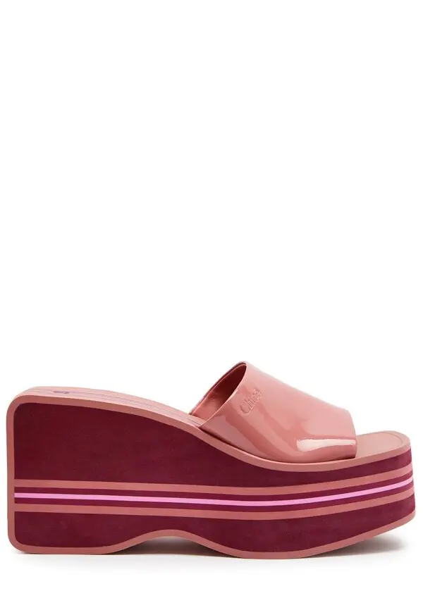Chloé Swimming Cool 90 Striped Patent Leather Wedge Mules - Pink