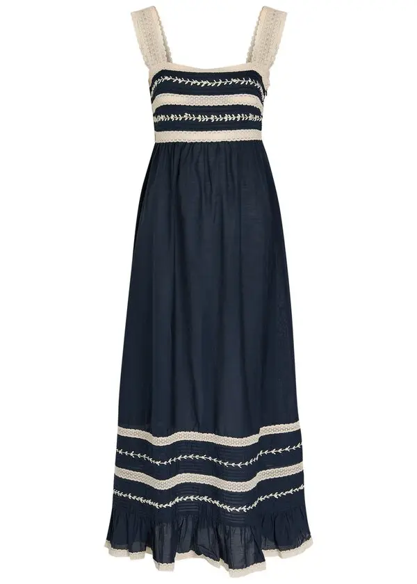 Rixo Malie Lace-trim Cotton-blend Midi Dress - Navy