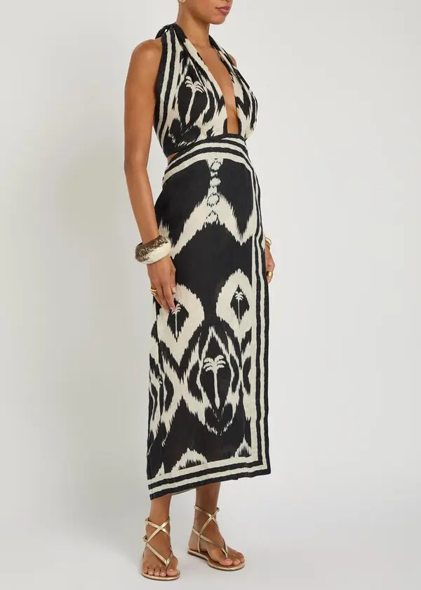Johanna Ortiz Halterneck Linen Midi Dress With Printed Detail - Black