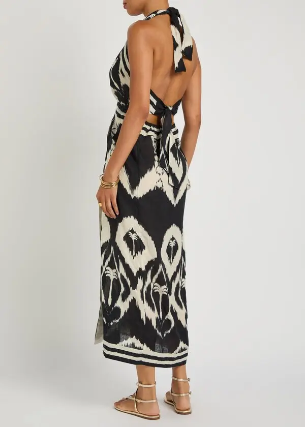 Johanna Ortiz Halterneck Linen Midi Dress With Printed Detail - Black