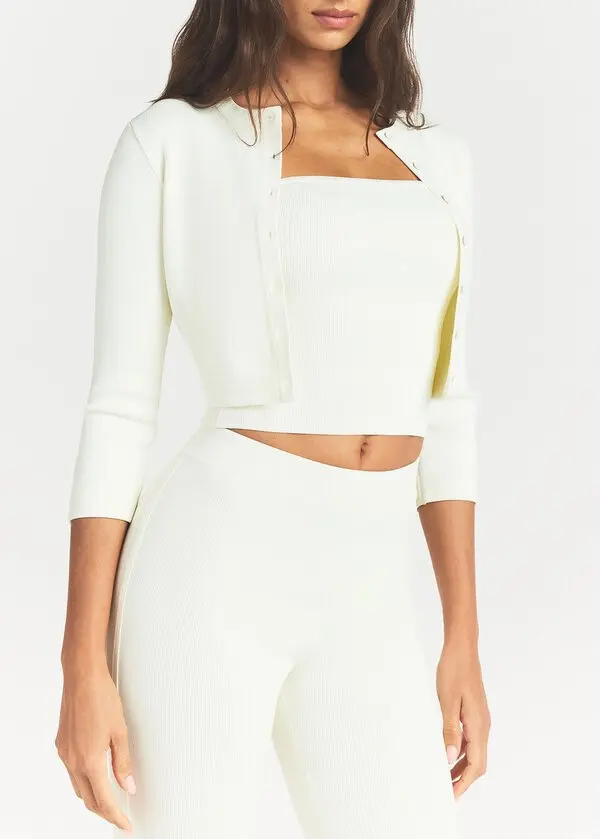 SKIMS Cropped Knit Cardigan With Crew Neckline And 3/4 Sleeves - Natural