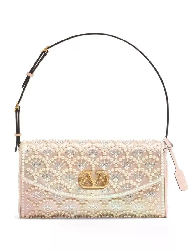 Valentino Garavani Small Shoulder Bag With Pearls And Rhinestones - Neutrals
