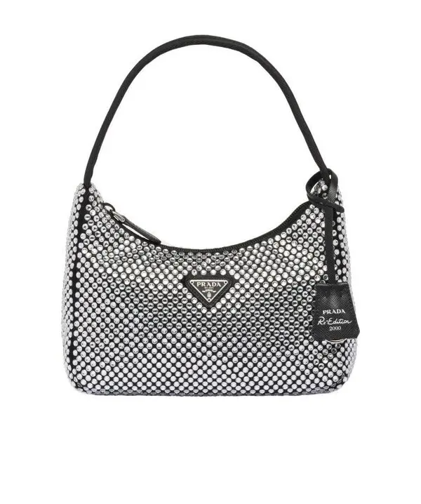 Prada Mini Re-edition Satin Bag With Crystals - Crystal