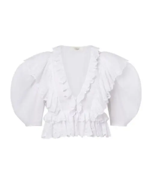 Chloé Embroidered Ruffled Cotton Top - White