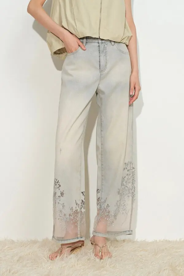 Fabrique Ariel Straight Cropped Jeans In Transparent Burnout Denim - Grey