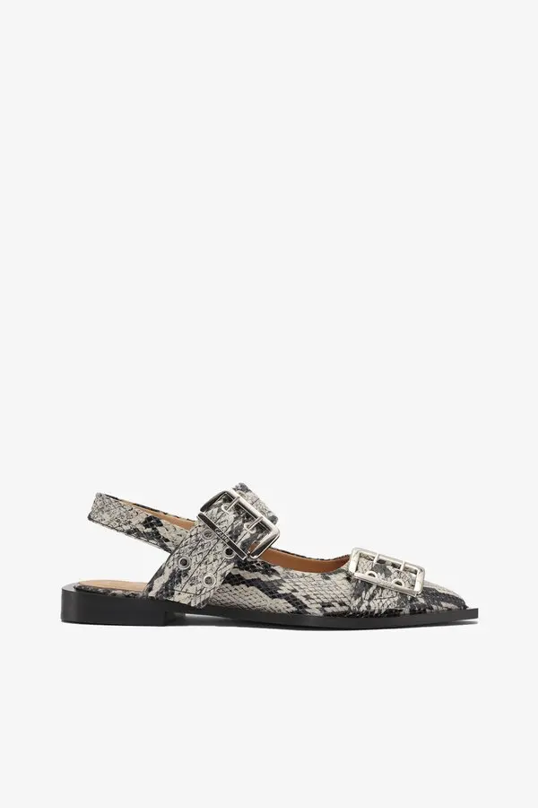GANNI Snake Printed Chunky Buckle Ballerinas - Beige