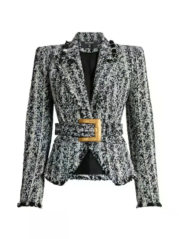 Balmain Two-tone Tweed Belted Jacket