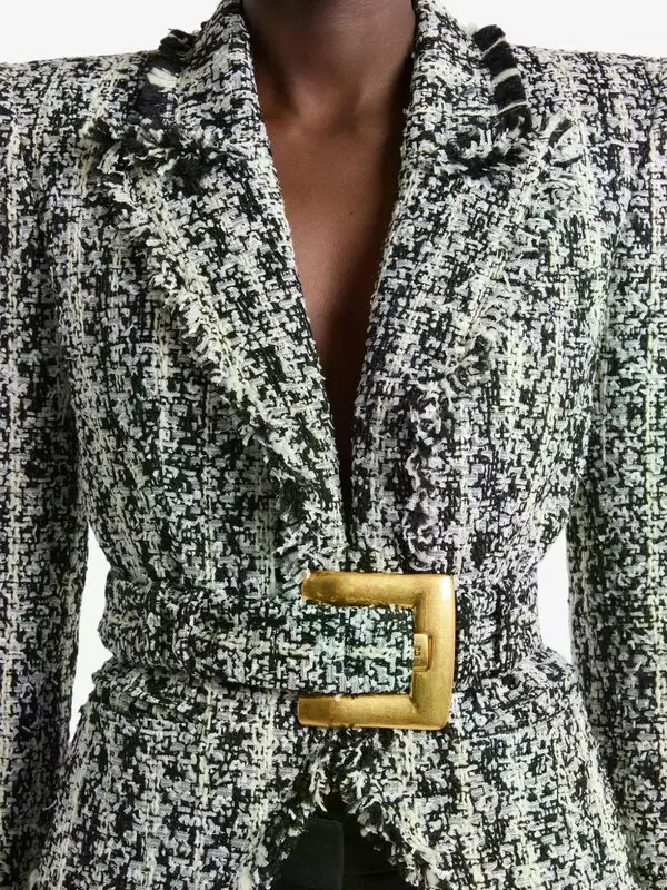 Balmain Two-tone Tweed Belted Jacket
