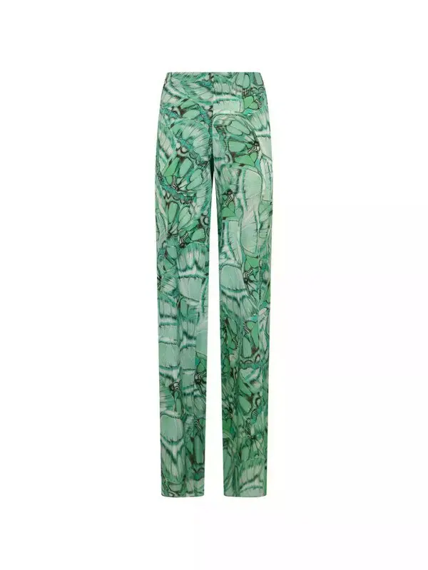 Alberta Ferretti Silk Butterfly Print Palazzo Pants - Green