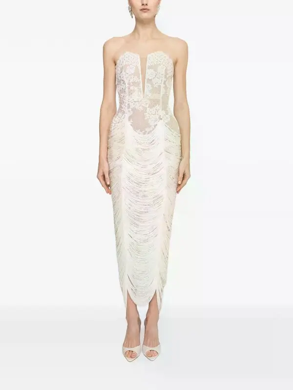 NISSA Fringed-hem Lace Midi Dress