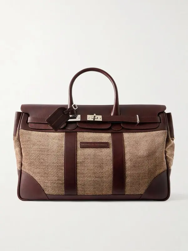 Brunello Cucinelli Herringbone Canvas And Leather Weekend Bag - Brown