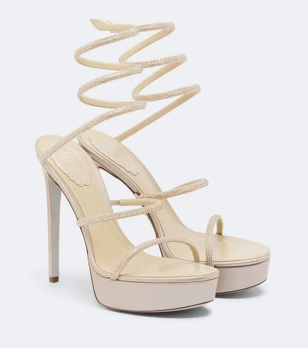 Rene Caovilla Embellished Leopard Print Platform Stiletto Sandals - Beige